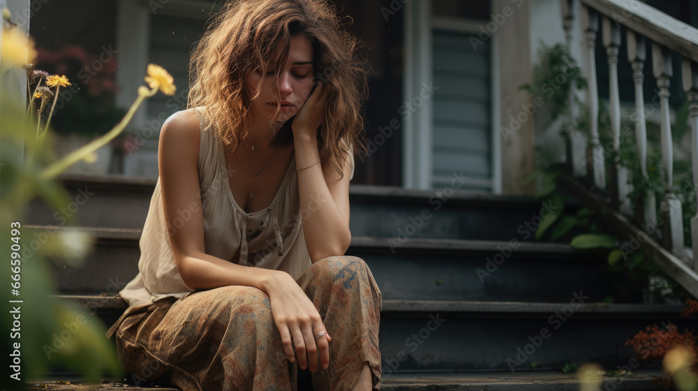 young european sad woman sitting on the stairs at home and crying ...