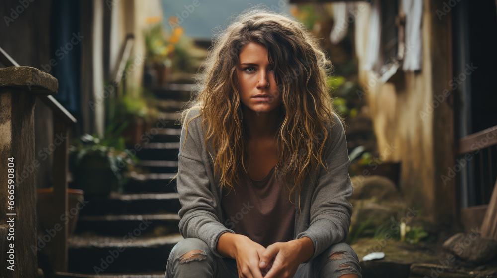 young european sad woman sitting on the stairs at home and crying ...