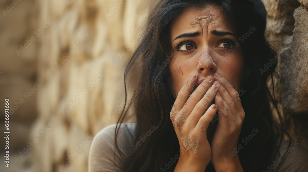 dark-haired Middle Eastern young woman covers her mouth with her hands ...
