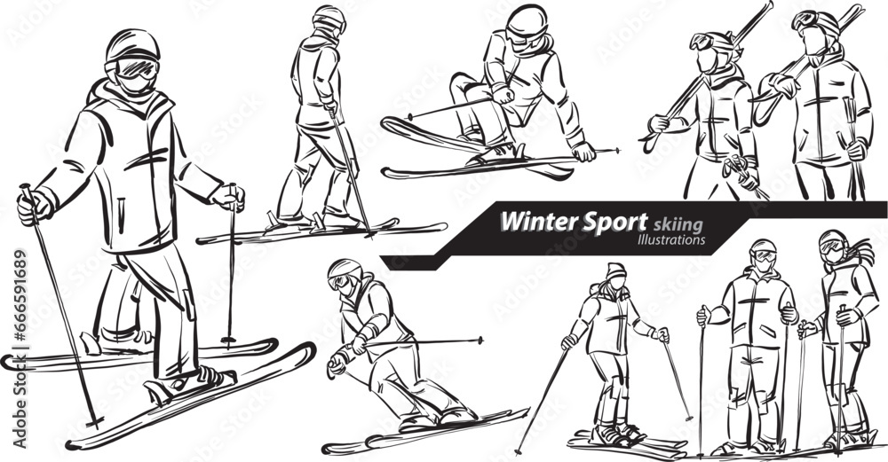 skiing people doodle set collection design drawing vector illustration ...