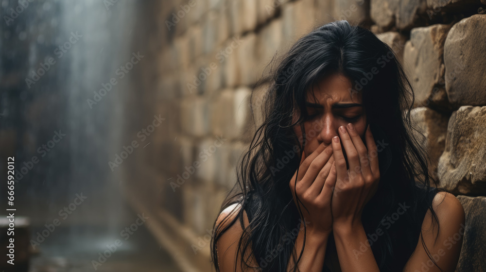 dark-haired Middle Eastern young woman covers her mouth with her hands ...