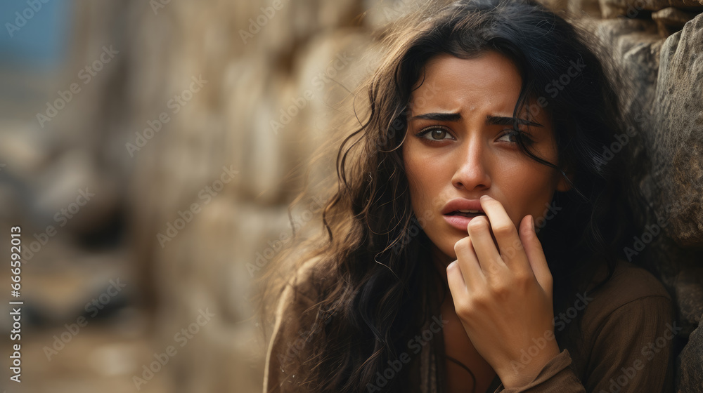 dark-haired Middle Eastern young woman covers her mouth with her hands ...