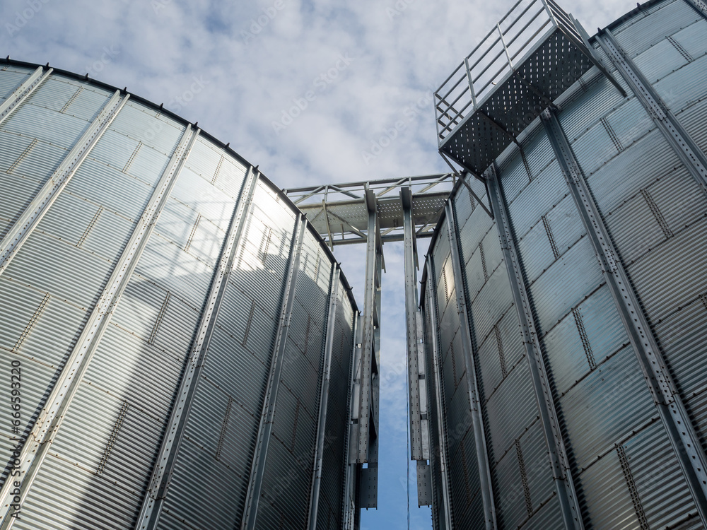 Paddy rice storage steel silo in a milling plant. Agriculture produces ...