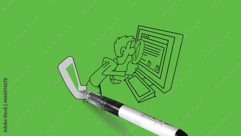 draw young man sit on chair lean forward on table see computer screen ...