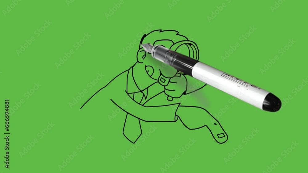 draw standing young man lean forward see through handy magnified lens ...