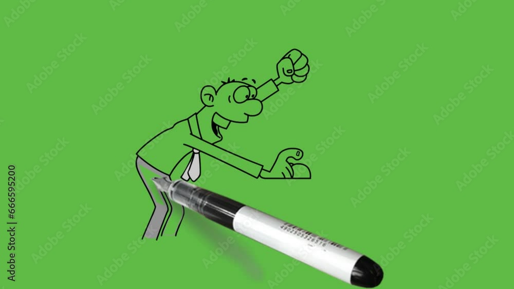 draw happy young man standing small bent by kneels lean forward on ...