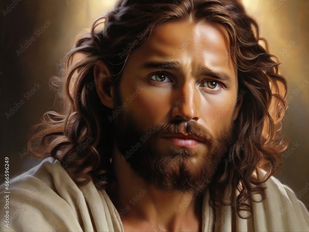 Jesus Christ Curly Brown Hair The Background Is A Warm Brown Color