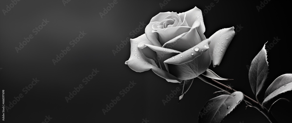 Beautiful black and white rose on black background with copy space ...