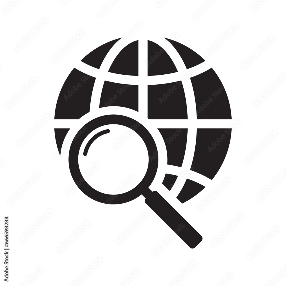 Magnifier and globe icon, search for a place on a map or on the globe ...