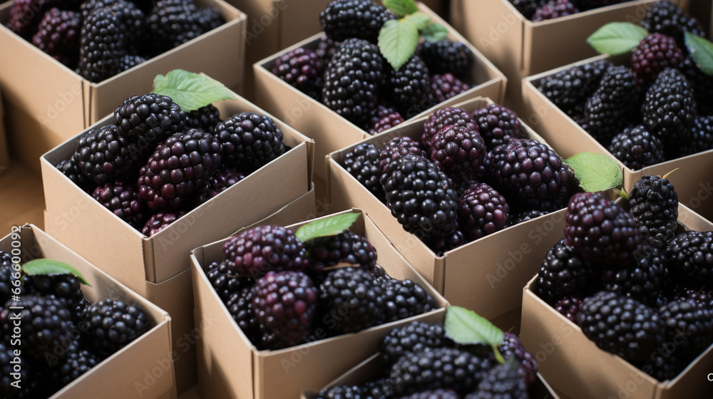 Boxes of aromatic and delectable blackberries, captured up close ...