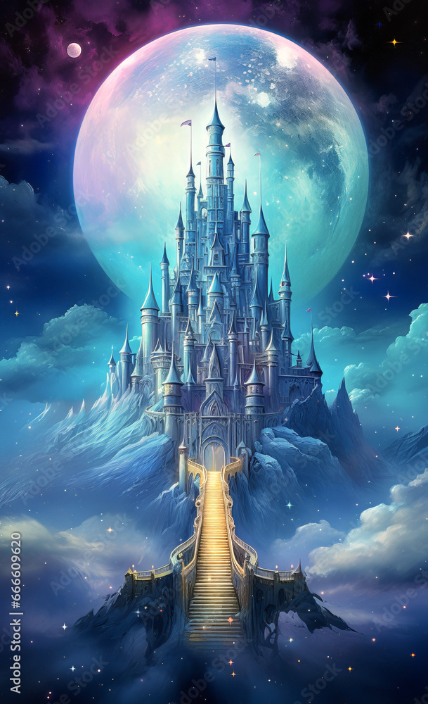 Castle in the sky with the moon, in the style of detailed science ...