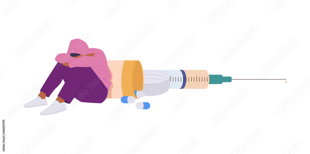 Sad unhappy man cartoon character sitting on huge syringe suffering ...