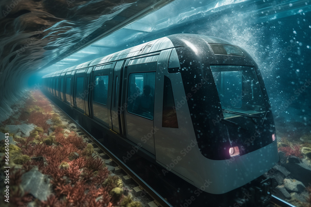 Train in Underwater railway. Underwater high-speed train on underway ...