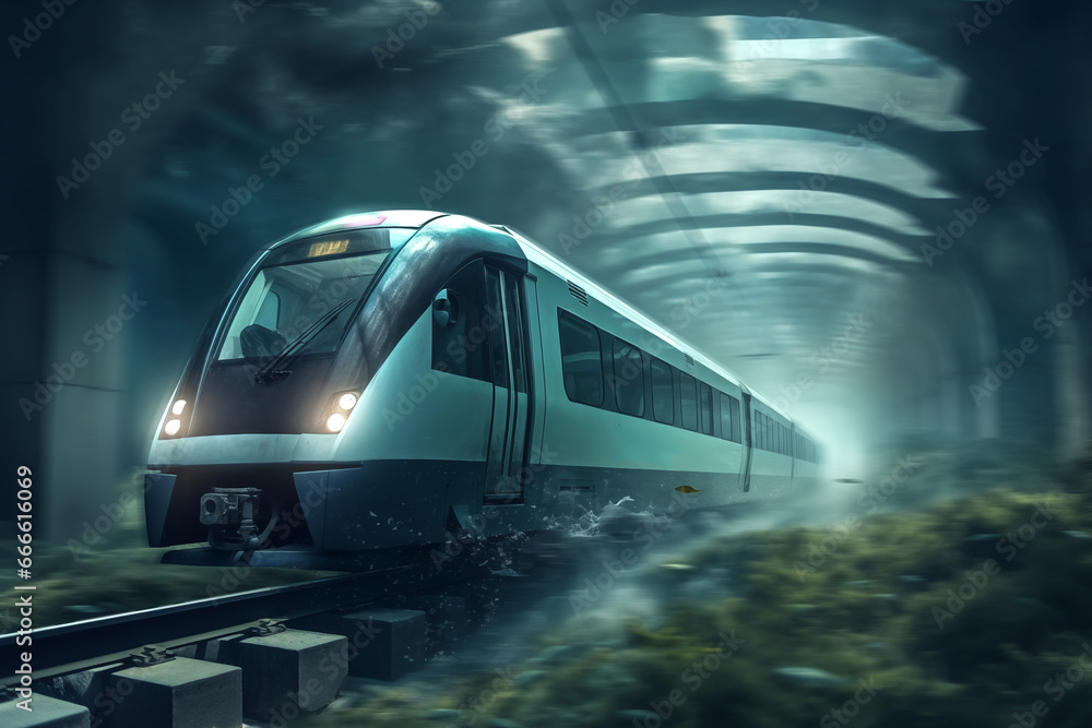 Train in Underwater railway. Underwater high-speed train on underway ...