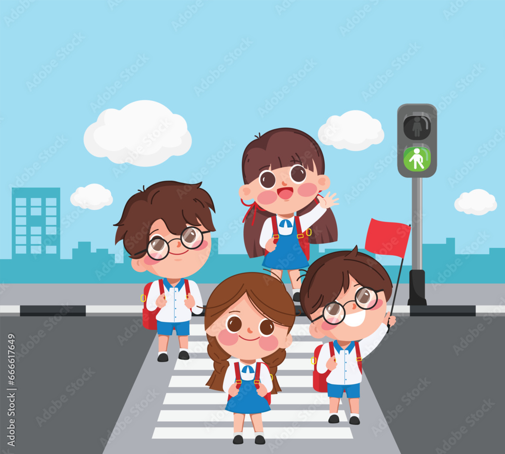 Cute cartoon children crossing the crosswalk by green color traffic ...