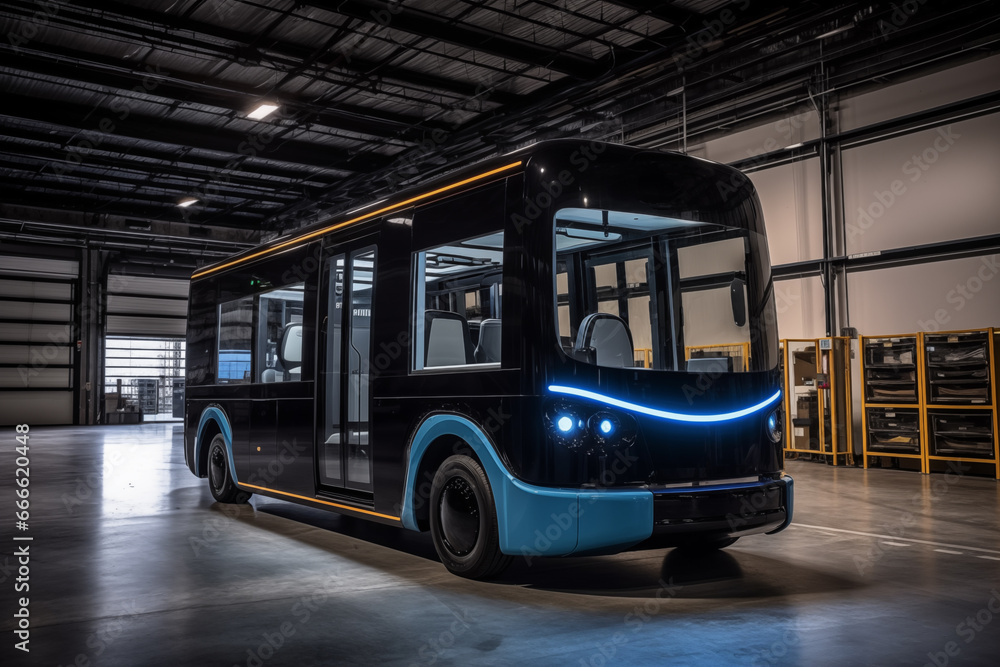 Bus Manufacturing Workshop of EV automobile factory plant. Production of electric passenger ...