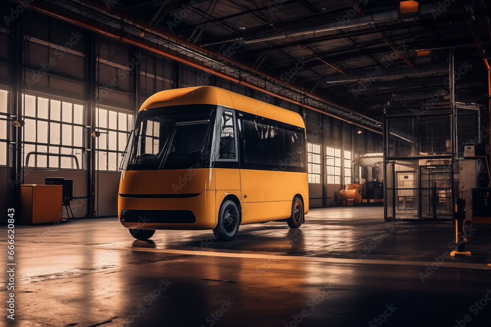 Bus Manufacturing Workshop of EV automobile factory plant. Production of electric passenger ...