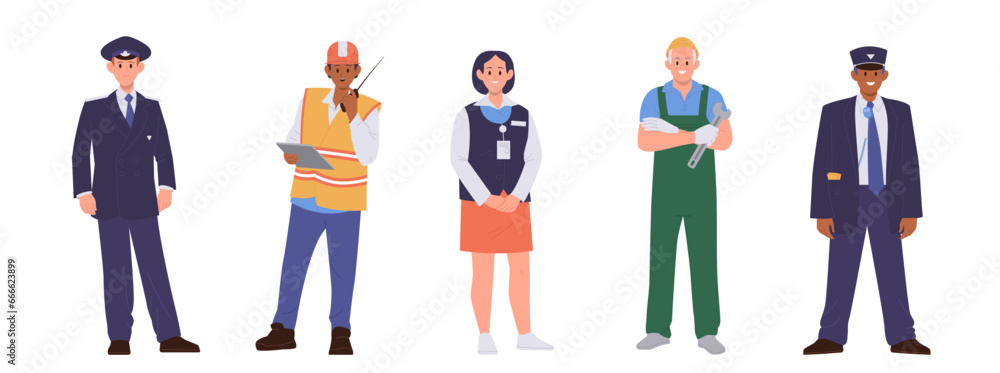 Isolated set of people train worker staff cartoon character wearing ...