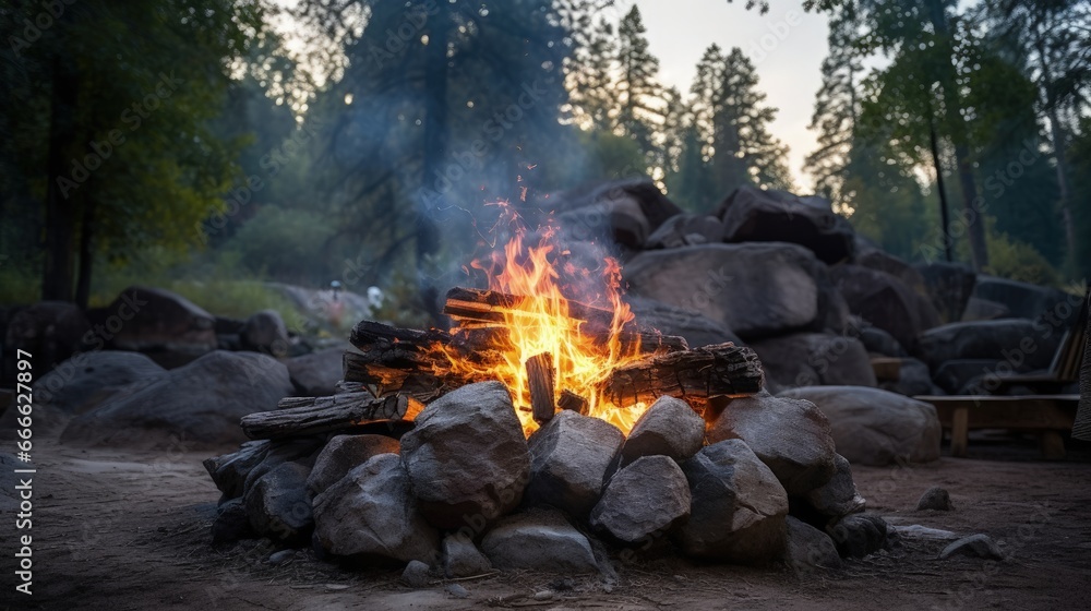 Fire pit made of stacked rocks in a makeshift forest campsite for safe ...