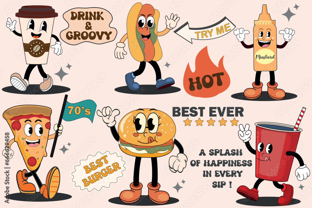 Colorful retro cartoon fast food and takeaways characters set with hot ...
