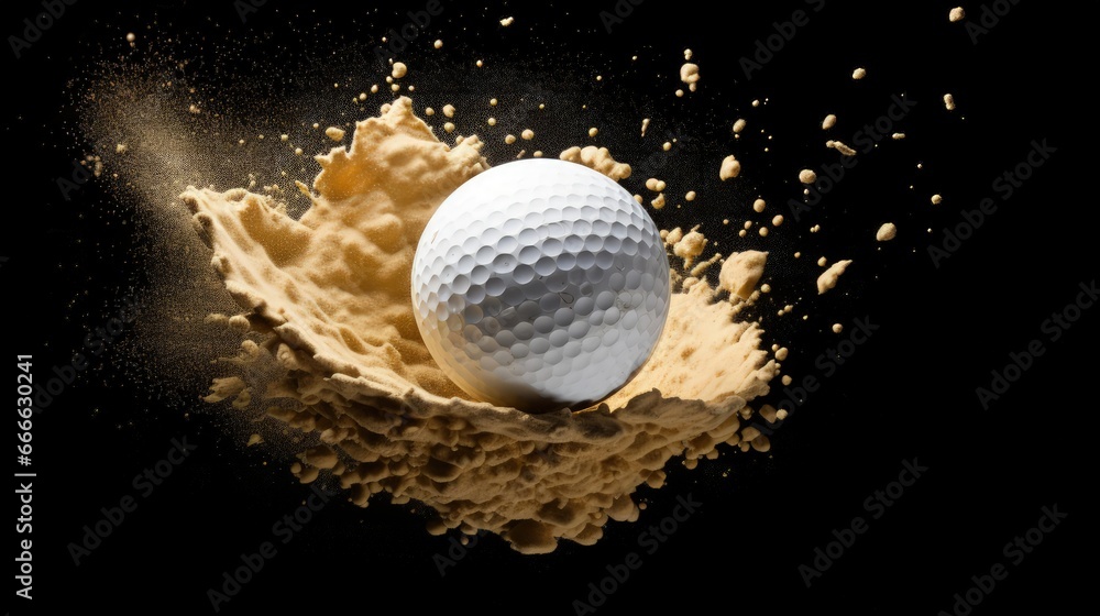 Explosion of white golf ball on black background amidst golden dry sand ...
