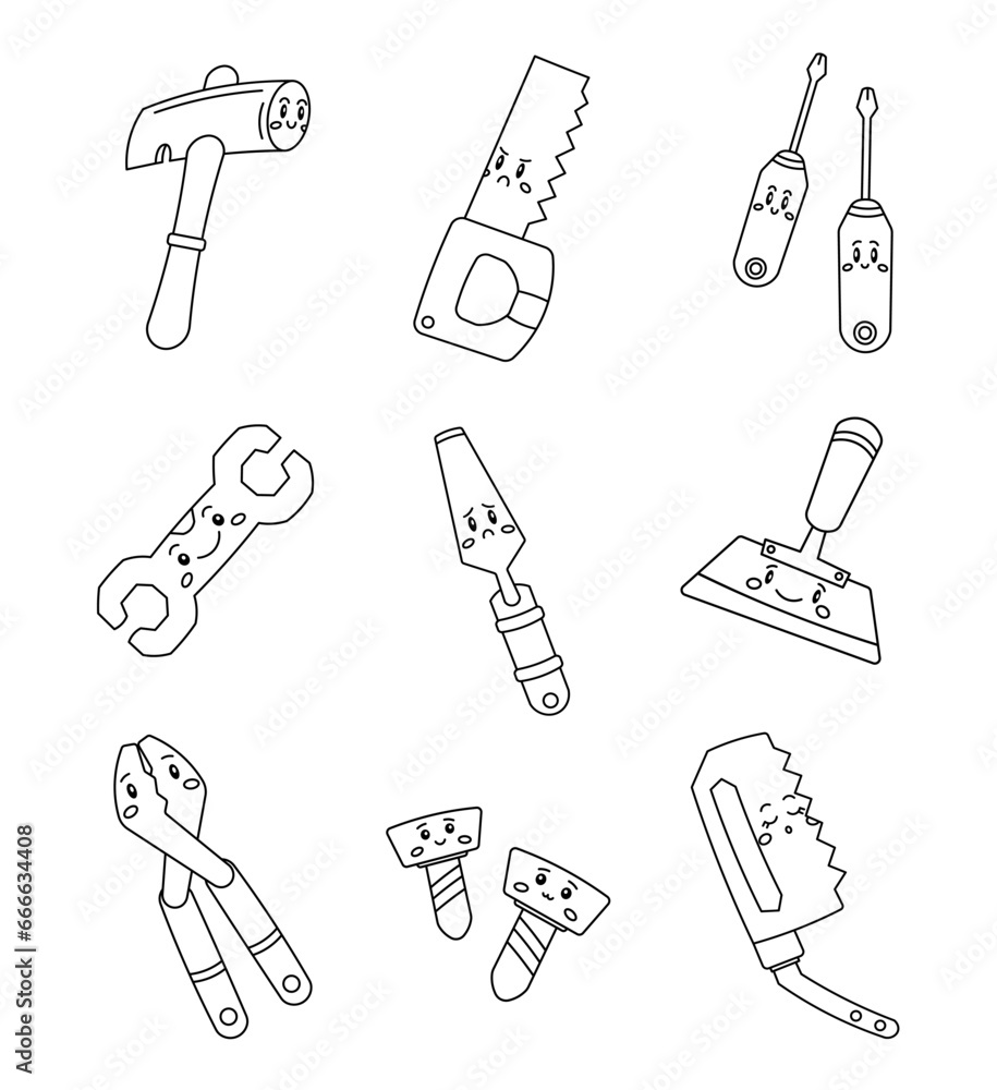 Cute tools character. Coloring Page. Kawaii construction equipment for ...