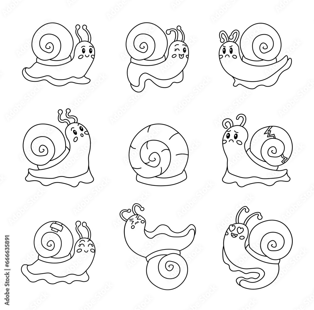 Cute snail character. Coloring Page. Kawaii insect different poses and ...