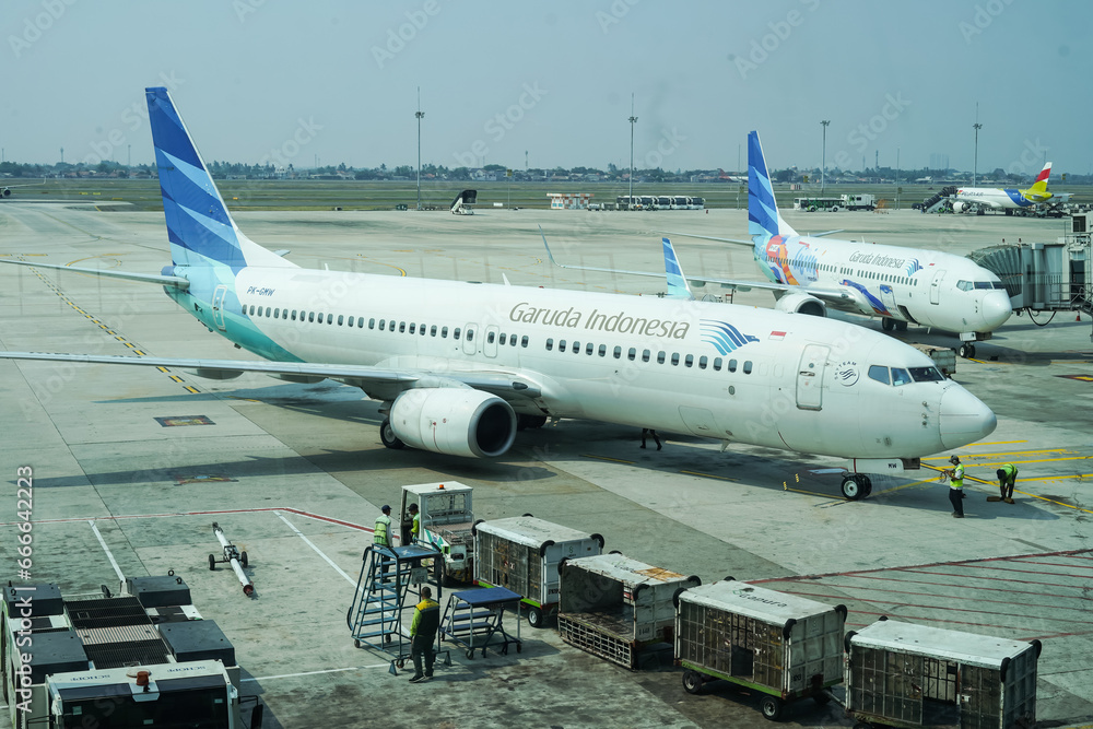 Jakarta, October 12, 2023, Garuda Indonesia aircraft at Soekarno Hatta International Airport in ...