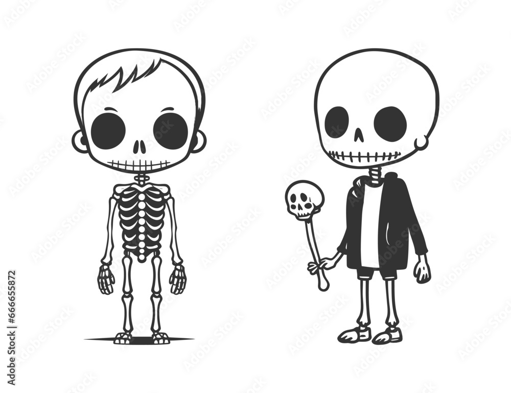 Cute and funny skinny skeleton. Black and white vector illustration ...