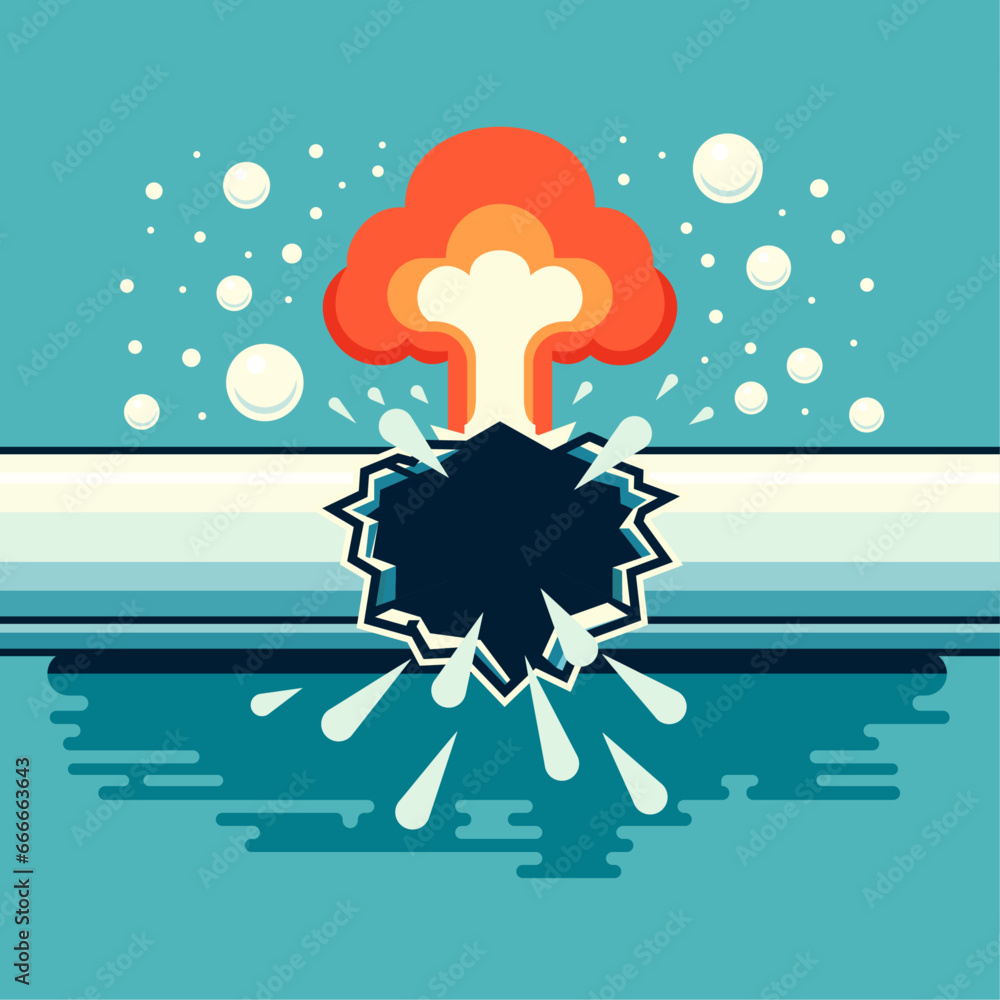 Damaged underwater gas pipeline with a significant explosion, flat ...