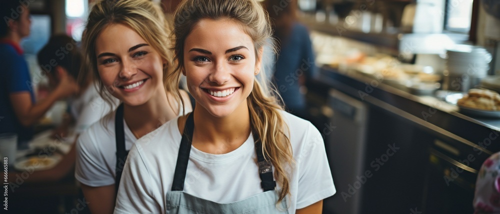 Female bakers smile as they look into the camera. A team of uniformed ...
