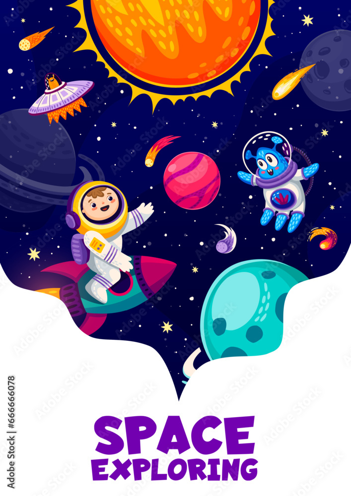 Cartoon space poster with alien and kid astronaut, space planets and ...