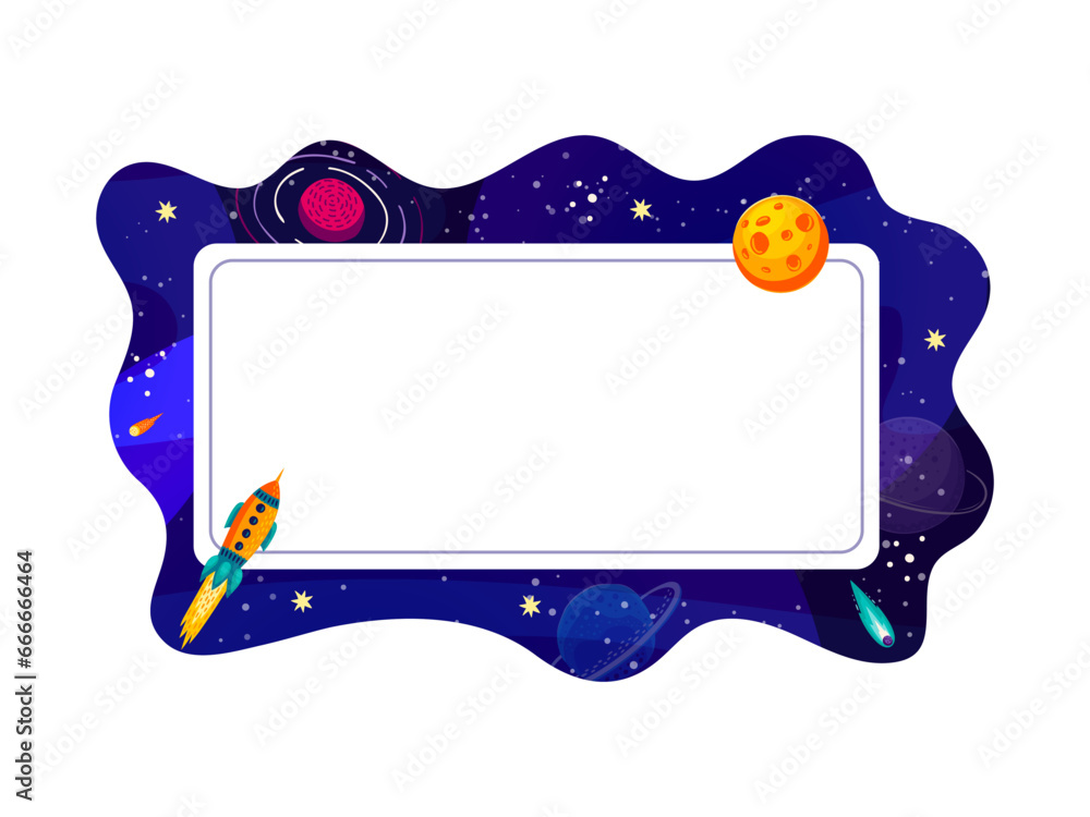 Cartoon frame with galaxy space landscape, rockets and planets, vector ...