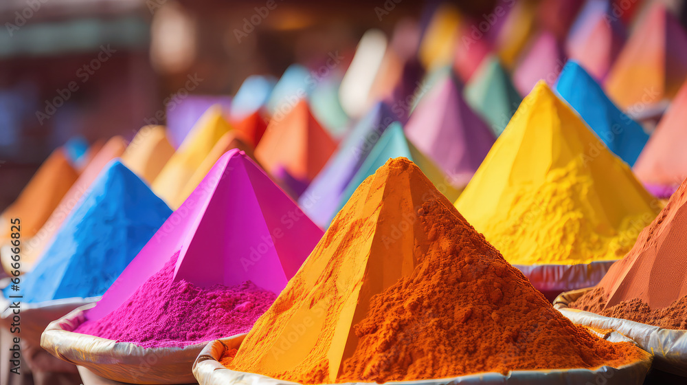 Colorful piles of powder sold on the market before Holi festival India ...