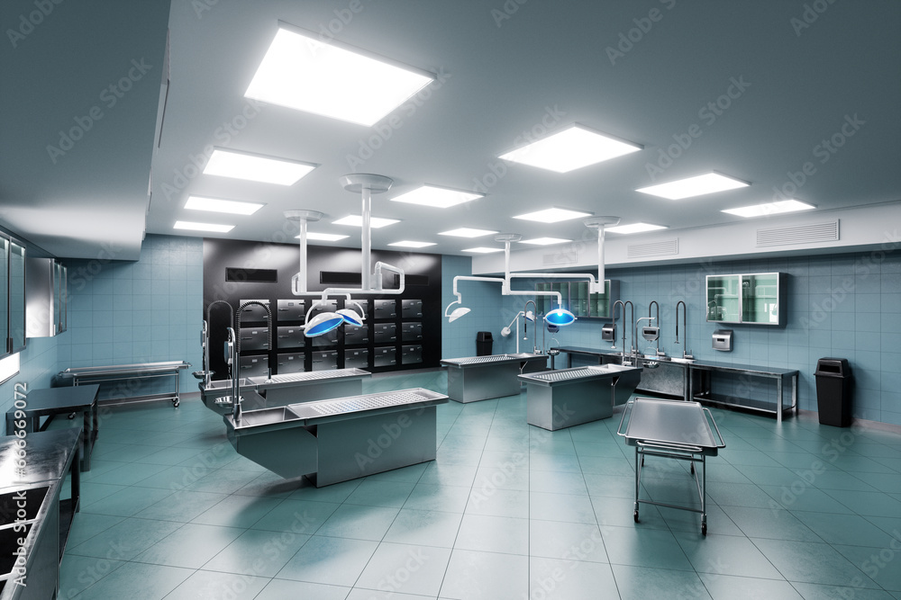 Interior of a morgue in a modern hospital. Concept death, autopsy ...