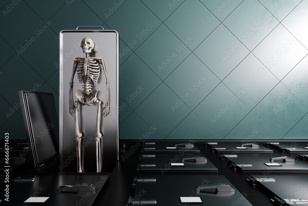 A human skeleton lies on a table in the morgue. Concept of exhumation ...