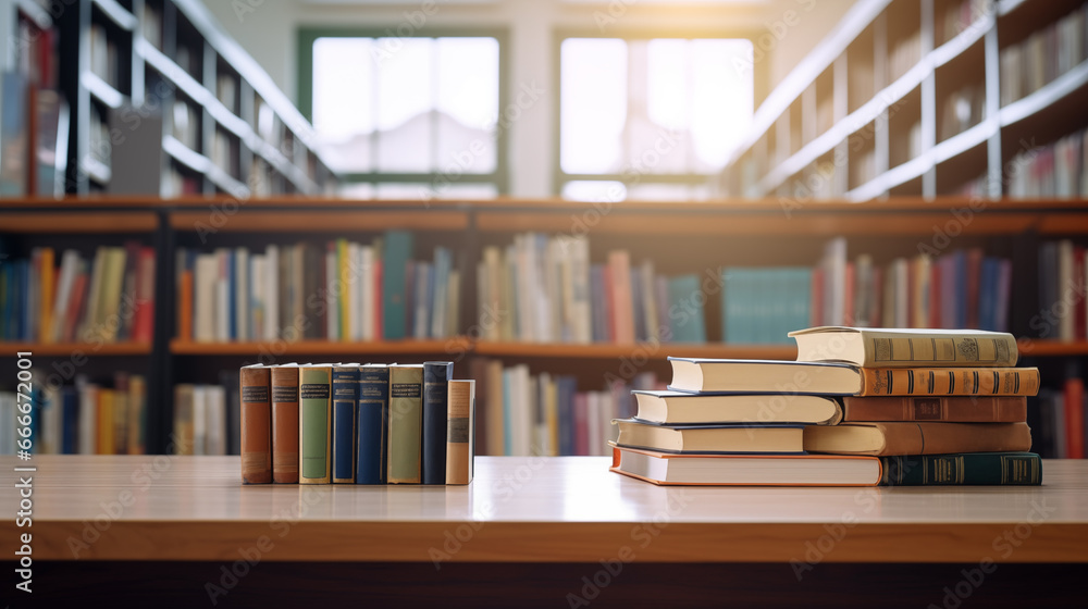 Stack of books on the table at a library, a wooden bookcase filled with ...