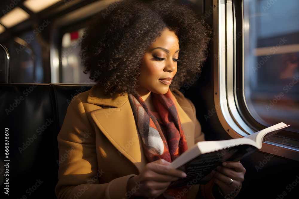 Beautiful black woman reads a book near the train window, slow train ...