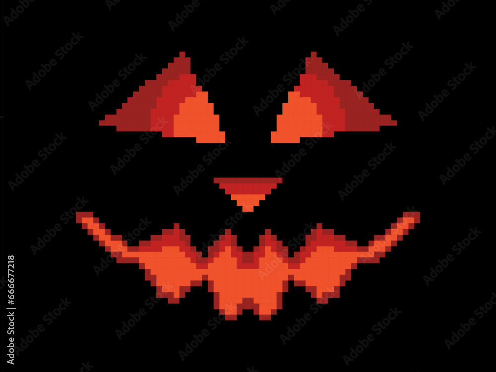 Happy Halloween scary pumpkin face pixel art style. Evil scary eyes ...