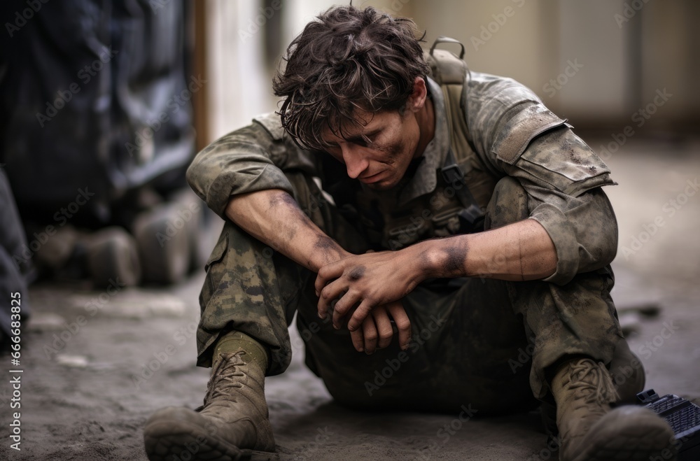 Exhausted male emergency doctor in military conditions in Southern ...