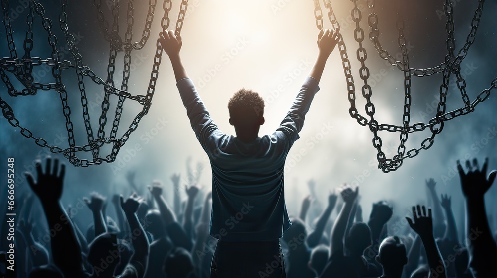 Man hands raised up in the air touching chains and people raised hands ...