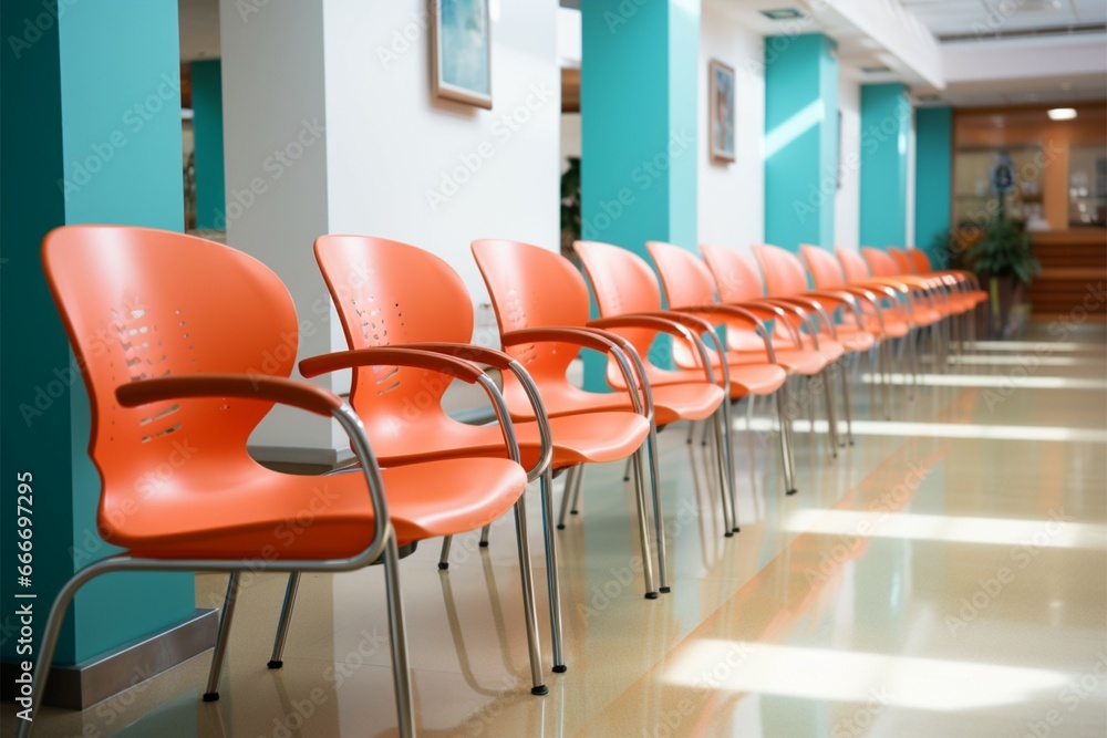 Hospital waiting room with rows of chairs for patients and visitors ...