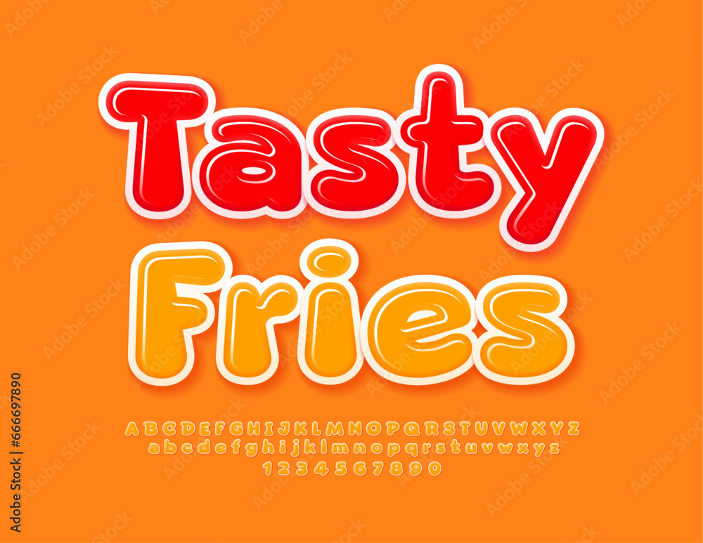 Vectors advertising poster Tasty Fries. Creative glossy Font. Cute ...