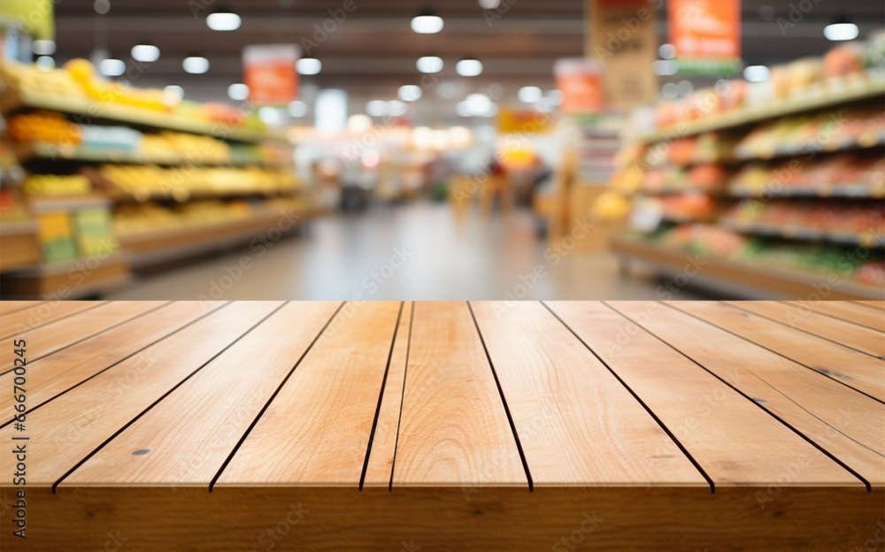 Supermarket scene behind an empty wooden table, ideal for product ...