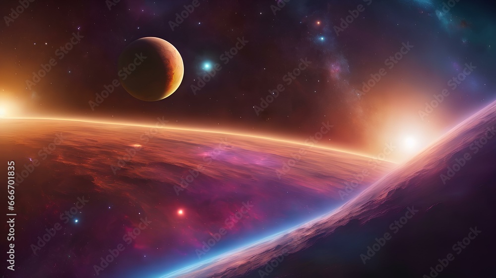 Abstract background of space full of planets, stars and space clouds ...