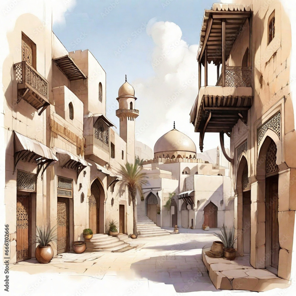 Architectural sketch of an old islamic arabic town. Created using ...