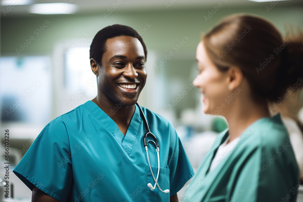 Two happy doctors of different profiles are laughing, having fun ...