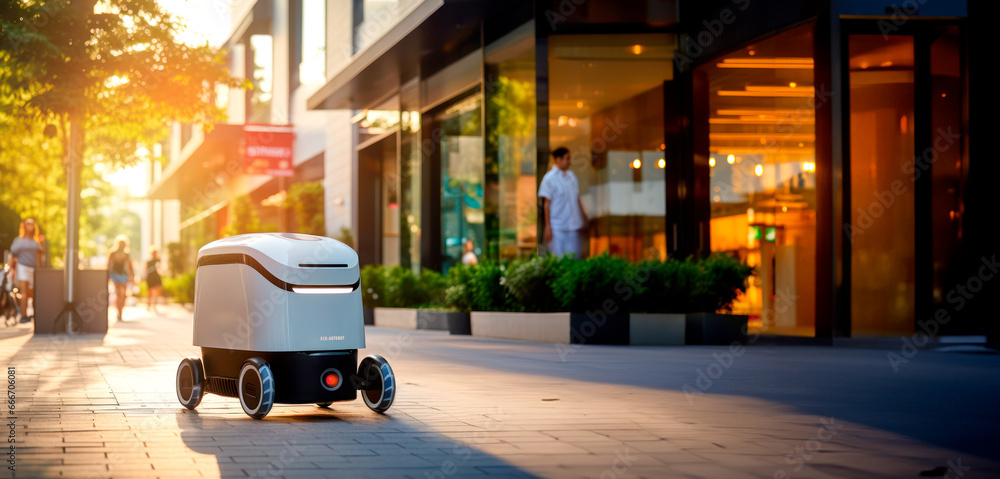 A modern automated food delivery robot drives along a city street ...