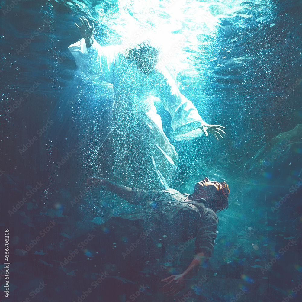 Jesus rescues a drowning man ilustração do Stock | Adobe Stock