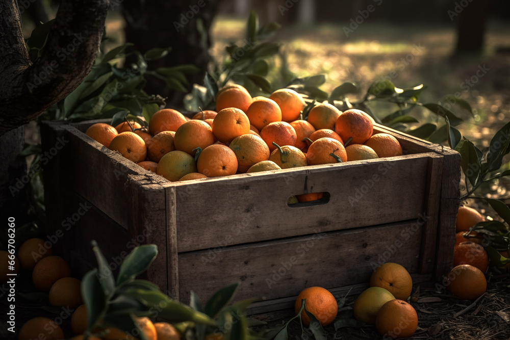 Oranges in box after harvesting orange on field, wooden box with ...